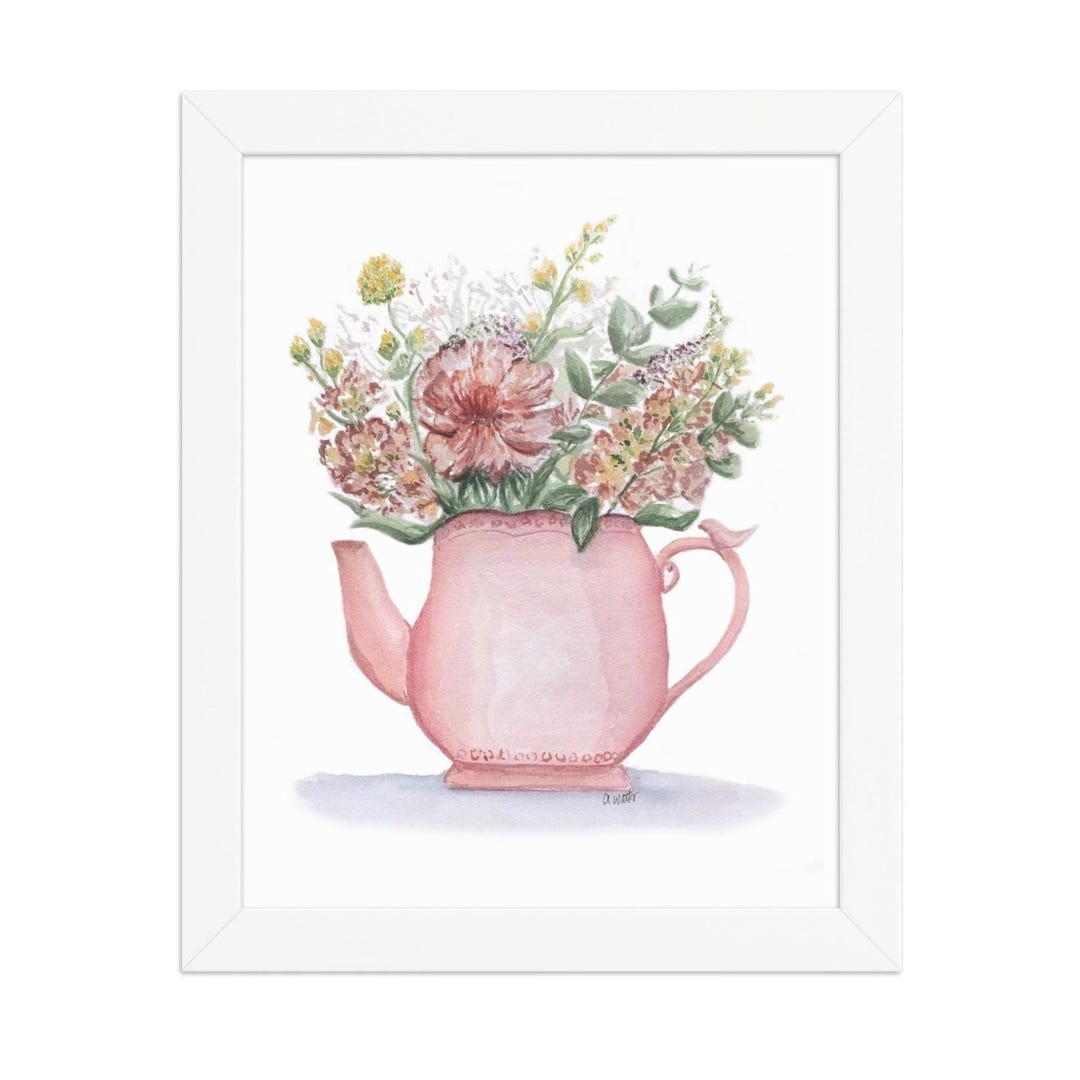 Watercolor Teapot Print, Pink Tea Pot Illustration Art, Little Bird ...