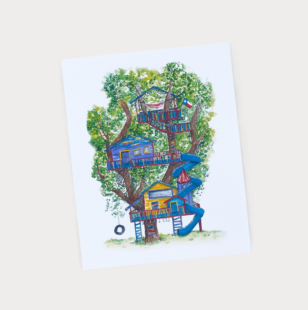 Treehouse Print Watercolor Kids Fort Kids Clubhouse Optional Texas Flag ...