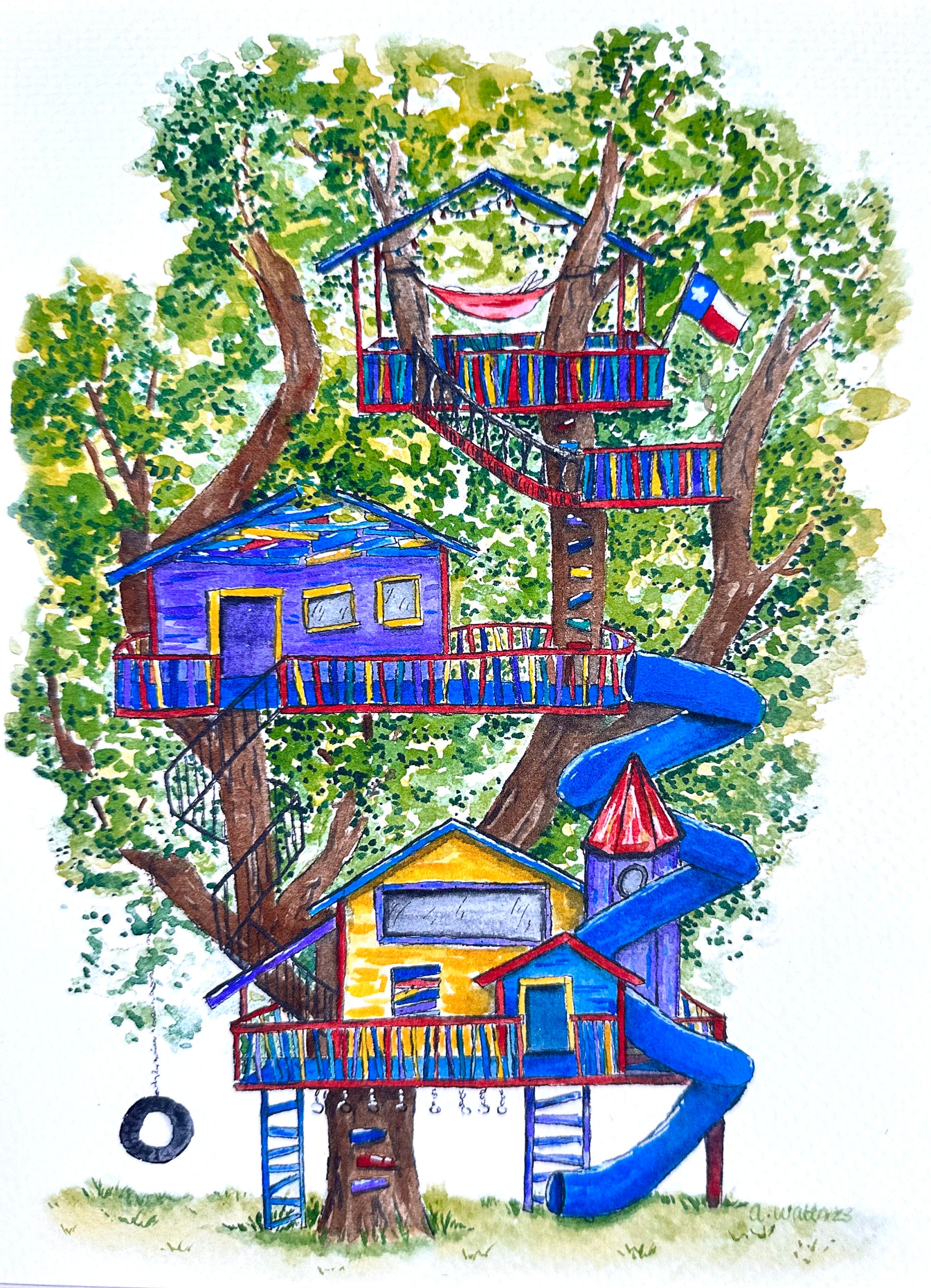 Treehouse Print | Watercolor Kids Fort | Kids Clubhouse | Whimsical ...