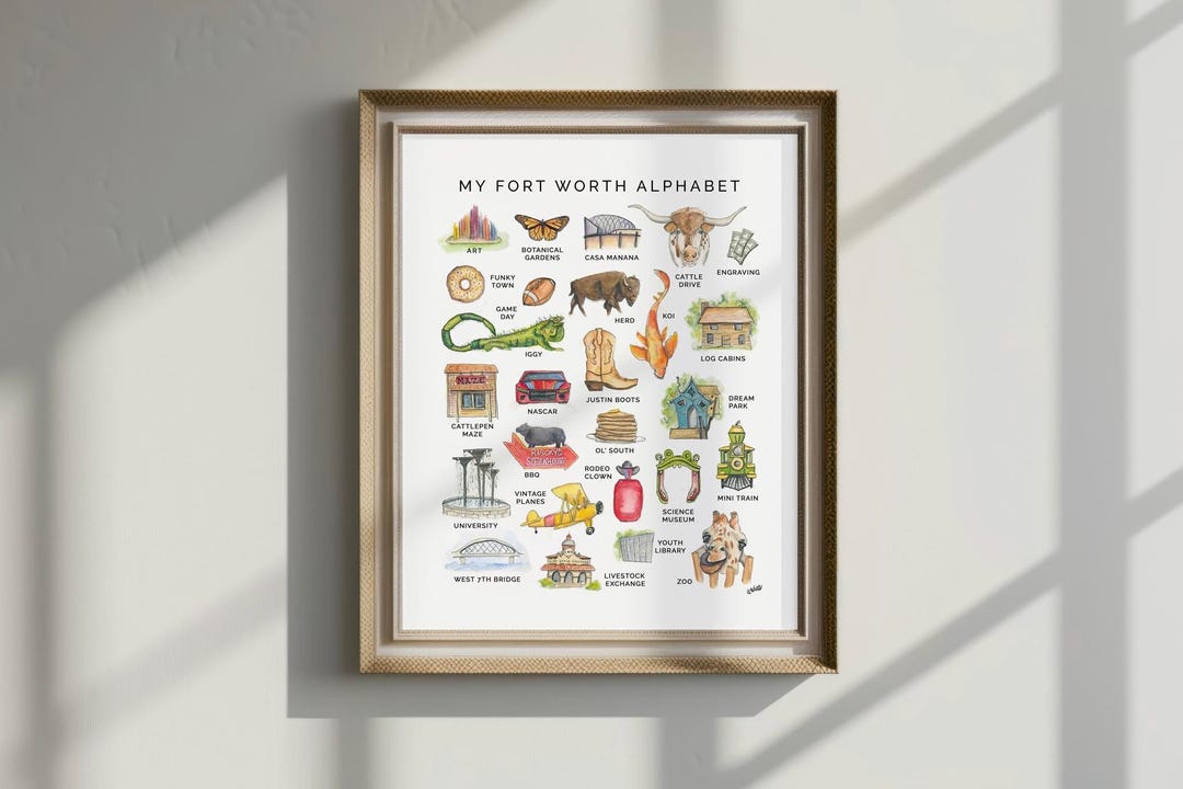 Texas Alphabet Fort Worth Watercolor Landmark Abcs Wall Art Print, Kids ...