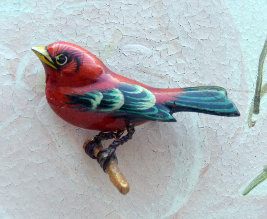 SALE! Takahashi Bird Brooch - Male Scarlet Tanger, Carved Hand Painted ...