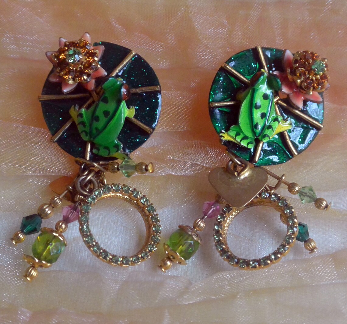 Lunch at the Ritz Earrings - Signed, Frogs/lily Pads, Pierced, Vintage ...