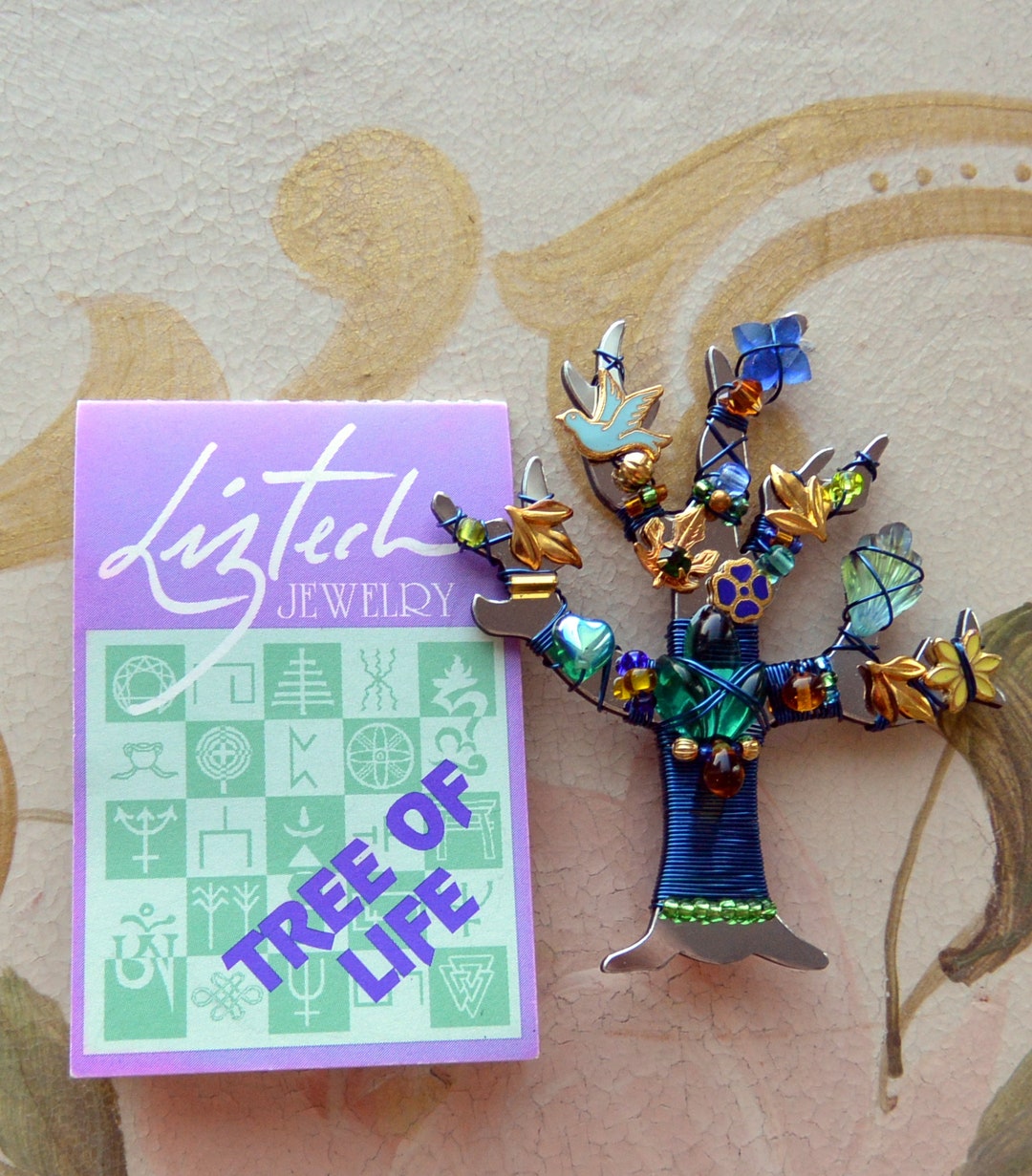 Liztech Brooch, Tree of Life Signed, Blue/green, Retro Glass/hand Wired ...