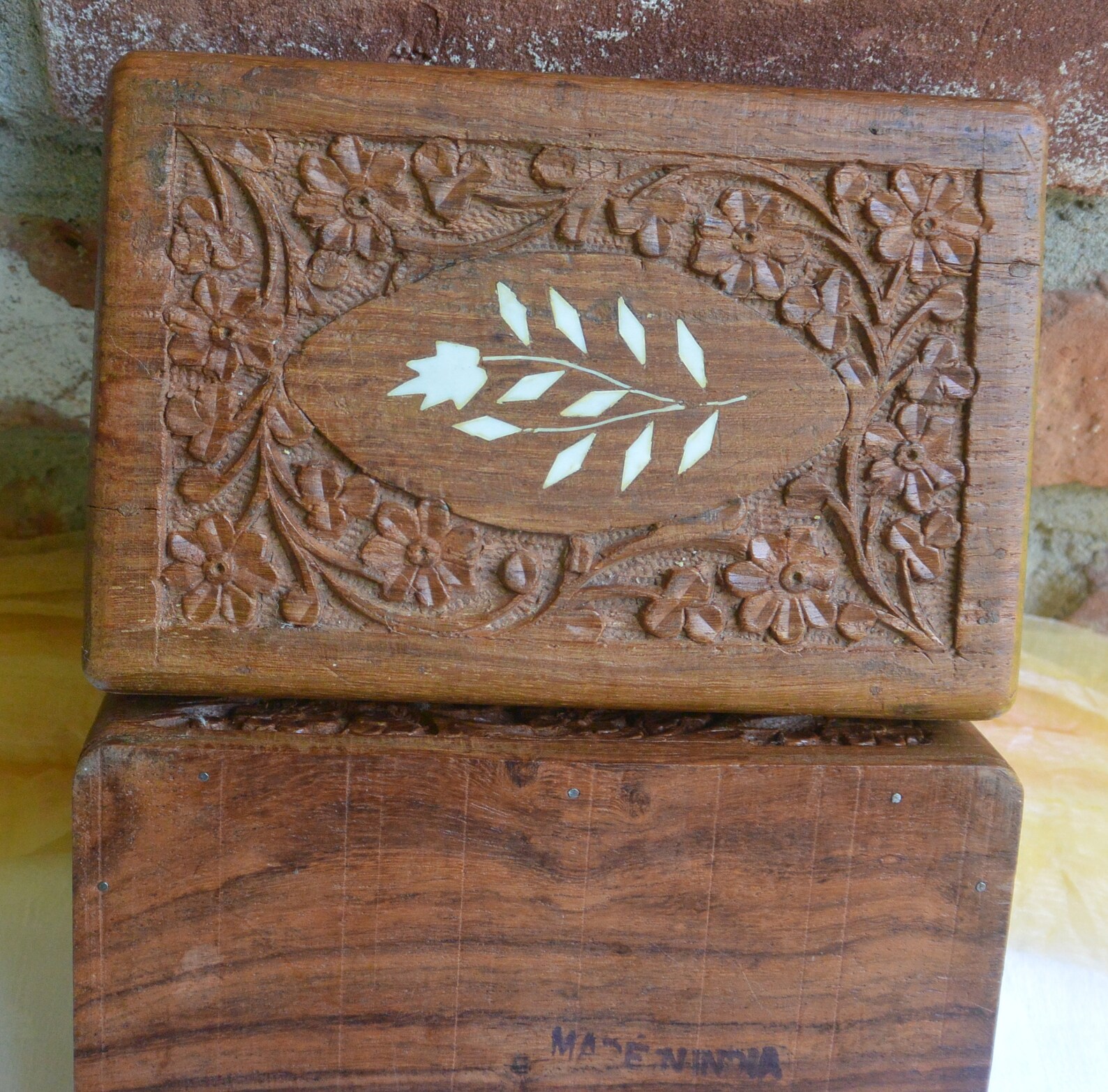 SALE Carved Wood Box Hand Carved MOP Inlay Blue Felt - Etsy