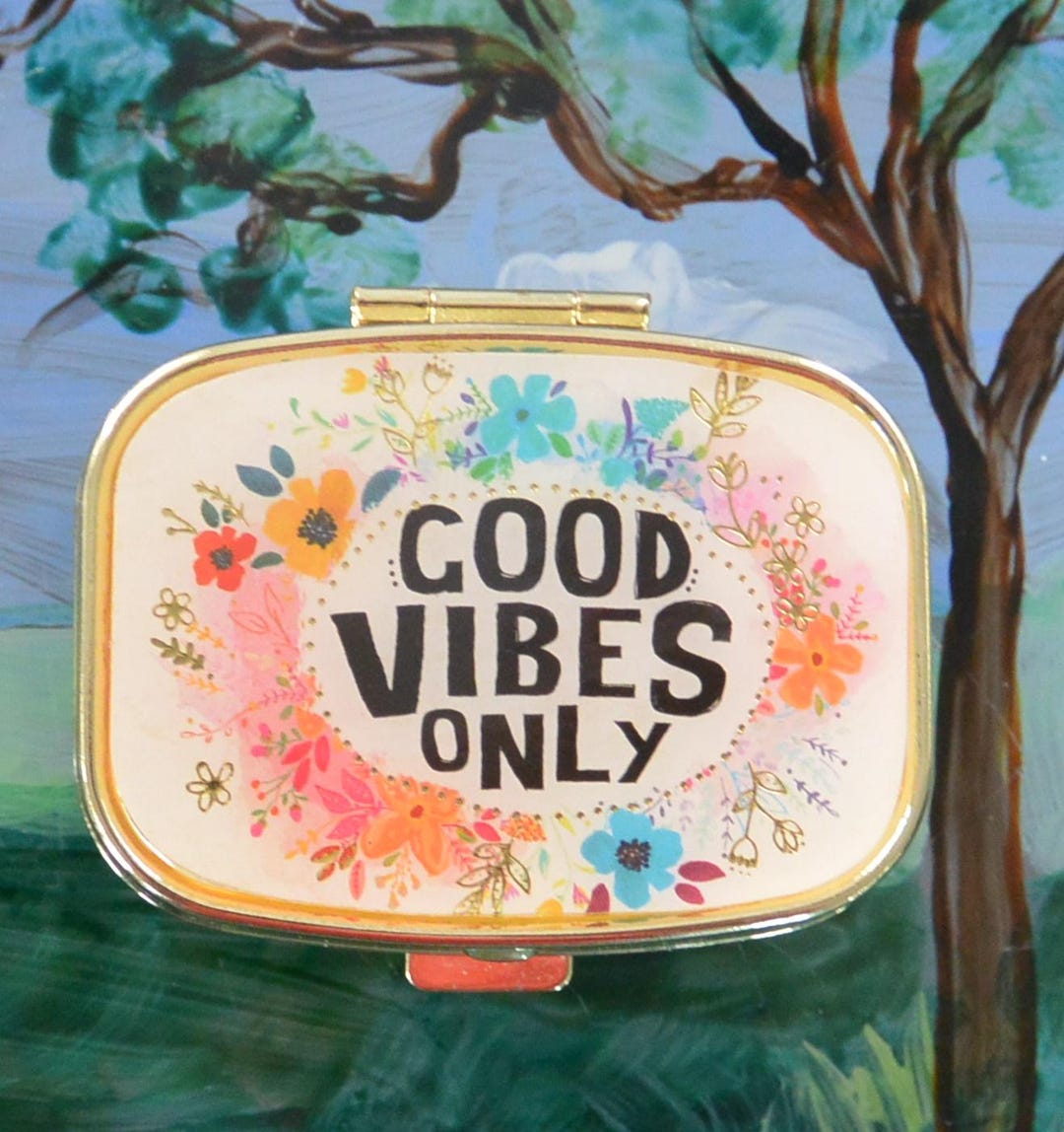 Enameled Pill Box: Floral 'good Vibes Only' Design, (unused), Vintage ...