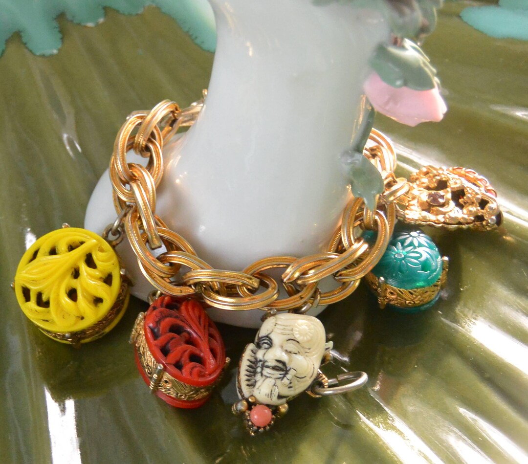 Art Deco Selro Selini Charm Bracelet: 3D Noh Mask, Exotic Cabochons ...
