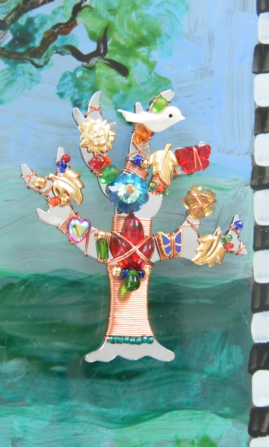 Liztech Tree of Life Brooch: UNUSED - Signed Colorful Retro Glass, Hand ...