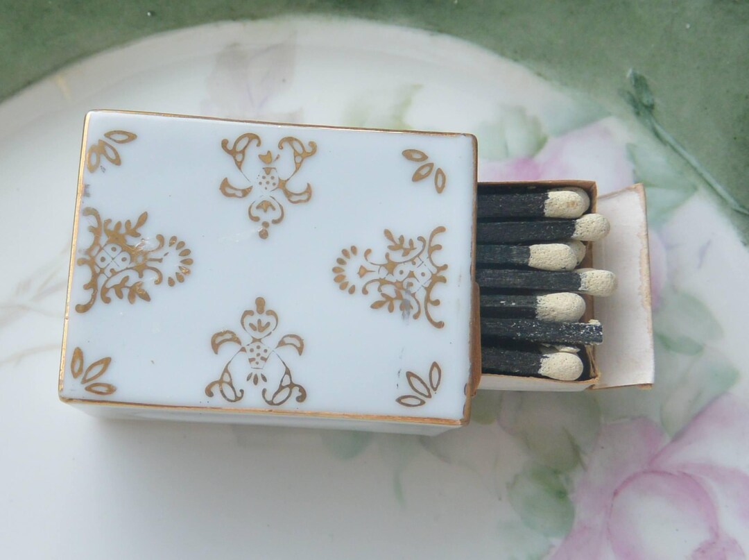 Matchbox Sleeve, Porcelain, Hand Pained, Elegant Gold Design, Vintage ...