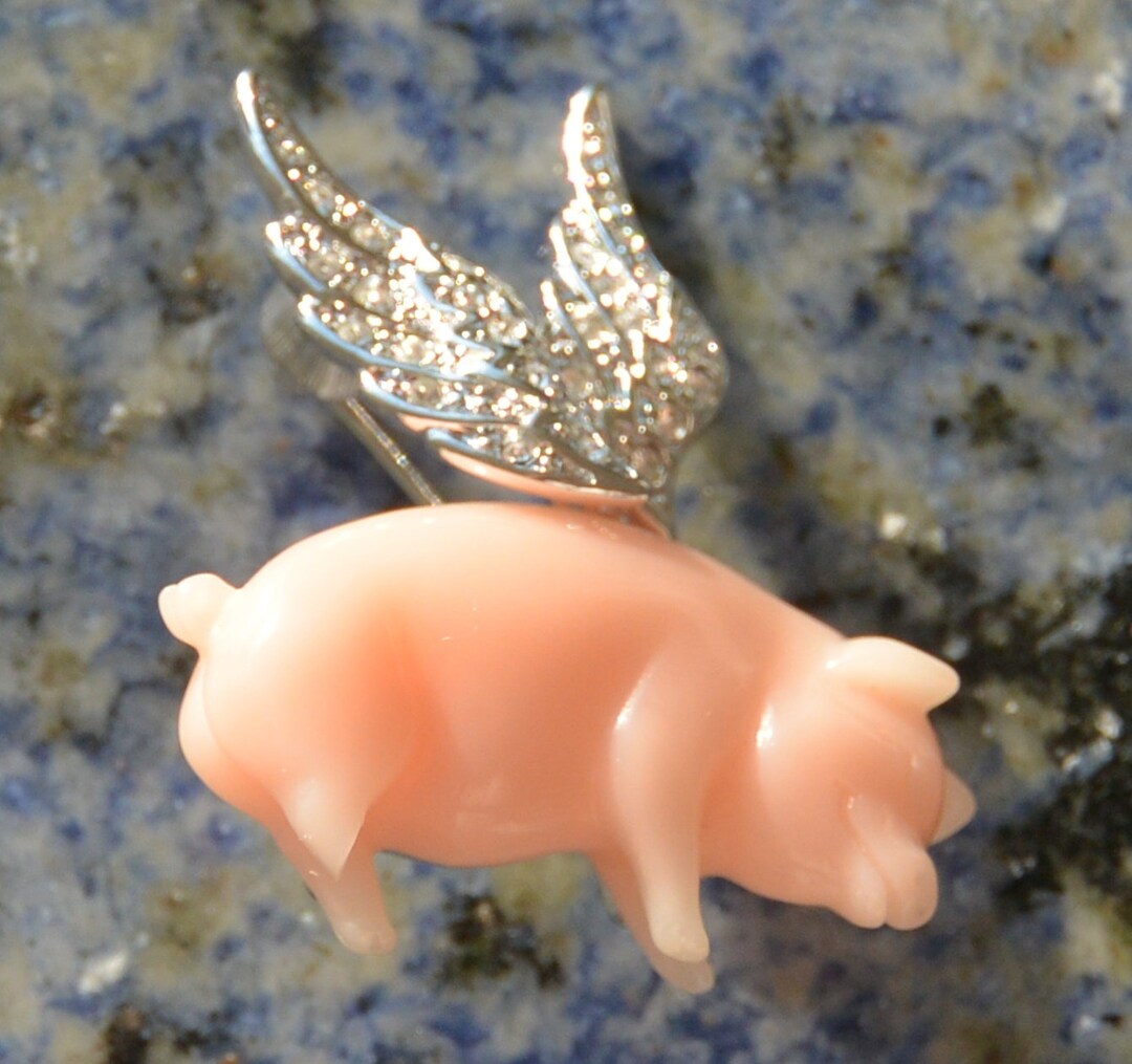 SALE KJL Flying Pig Brooch signed, Pink Pig, Pave Silver Wings, When ...