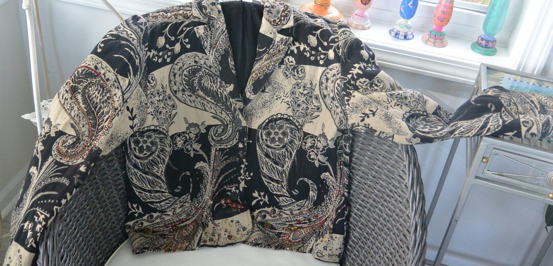 Chico's New Jacket: Paisley Pattern, Black/beige, Sequins, Lined, Chico ...