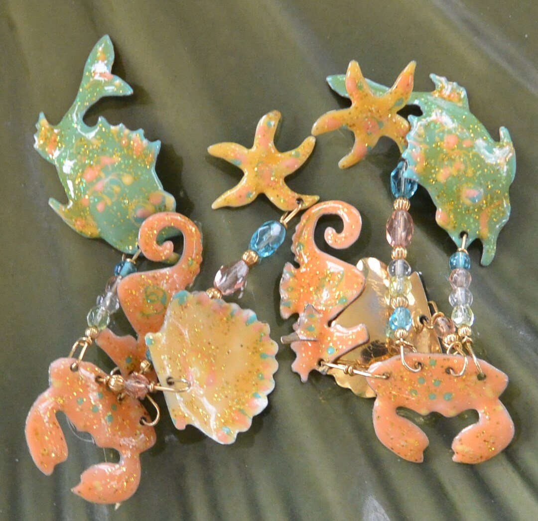Lunch at the Ritz Earrings Hand Signed, Marine Animals/shells, Colorful ...