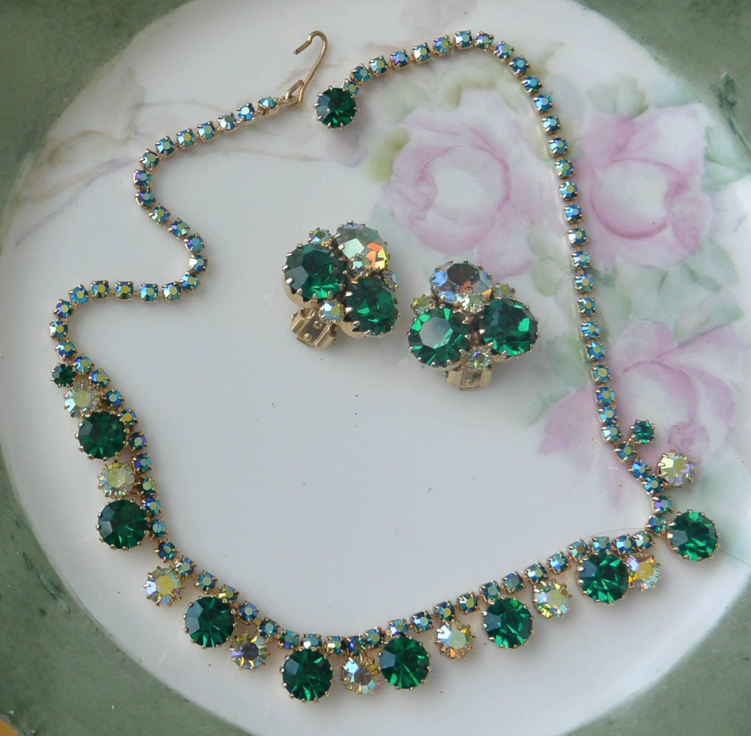 Albert Weiss Necklace & Earrings Set: Signed , Green Blue Clear ...