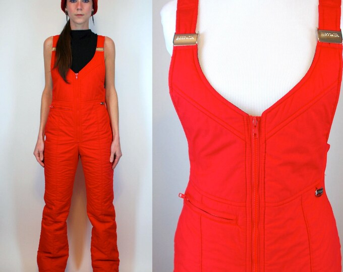 Bright RED Ski Bibs / Snowsuit. Vintage 70s Quilted Boho Retro ...