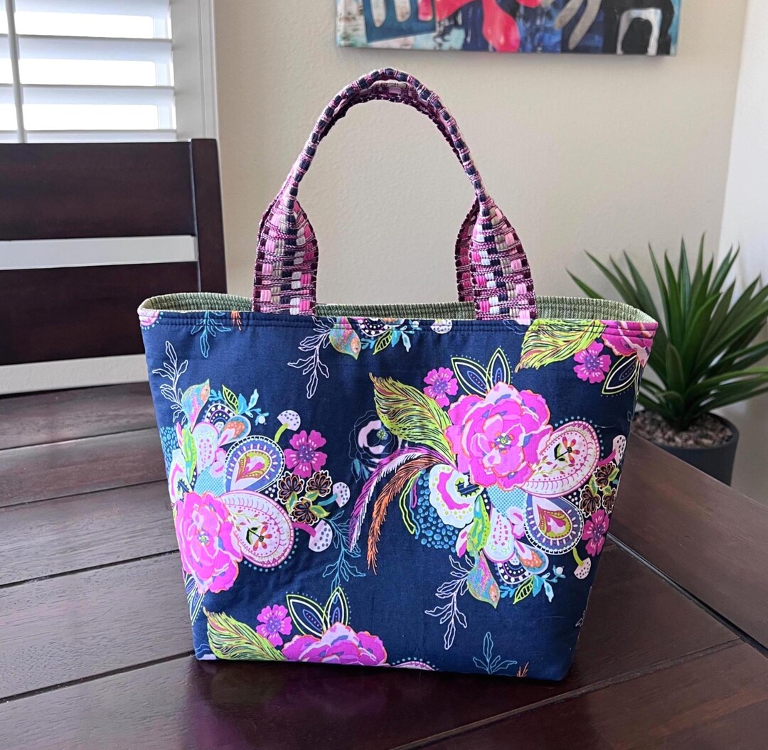 Pink and Blue Floral Tote Bag, Small Book Tote Bag, Geometric Carry All ...