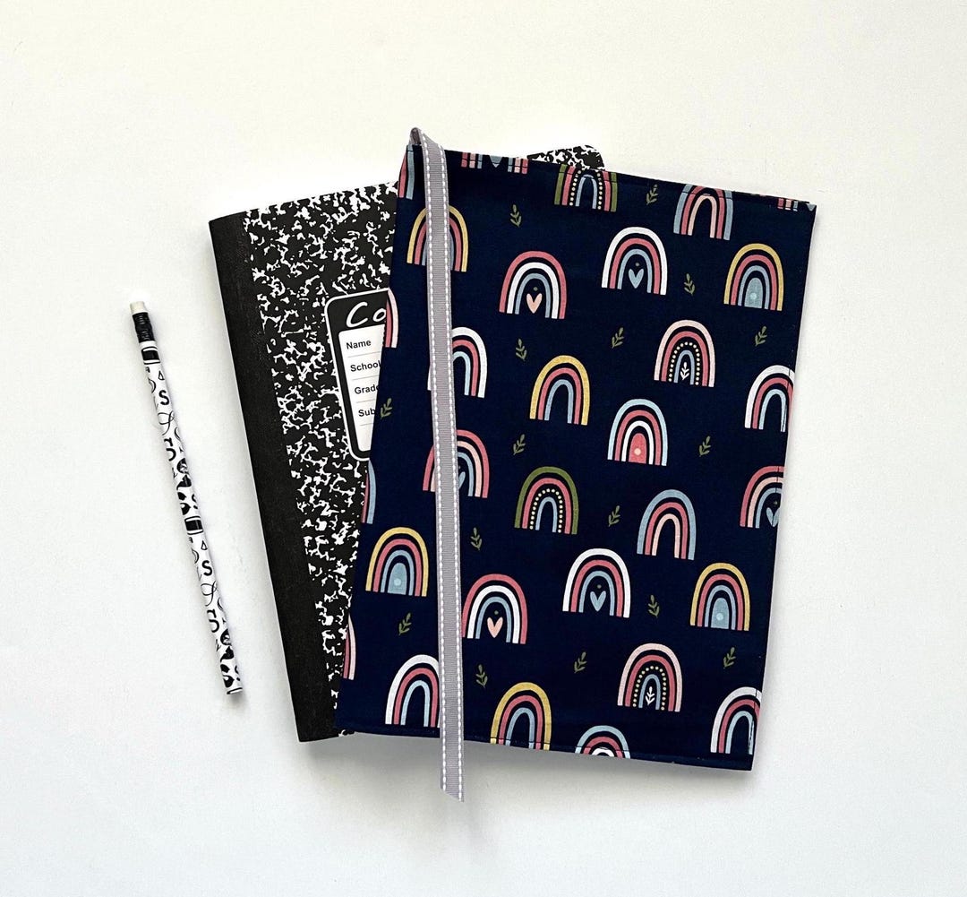 Rainbow Notebook Cover, Fabric Journal Cover, Navy Blue Composition ...