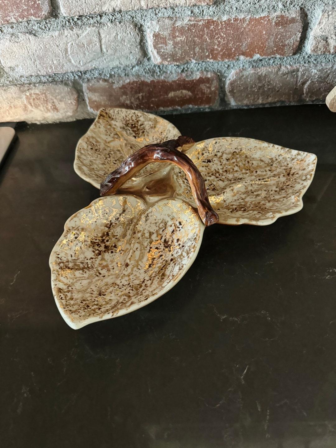 Mid Century Gold Leaf Divided Serving Dish Snacks Appetizers Candy Chip ...