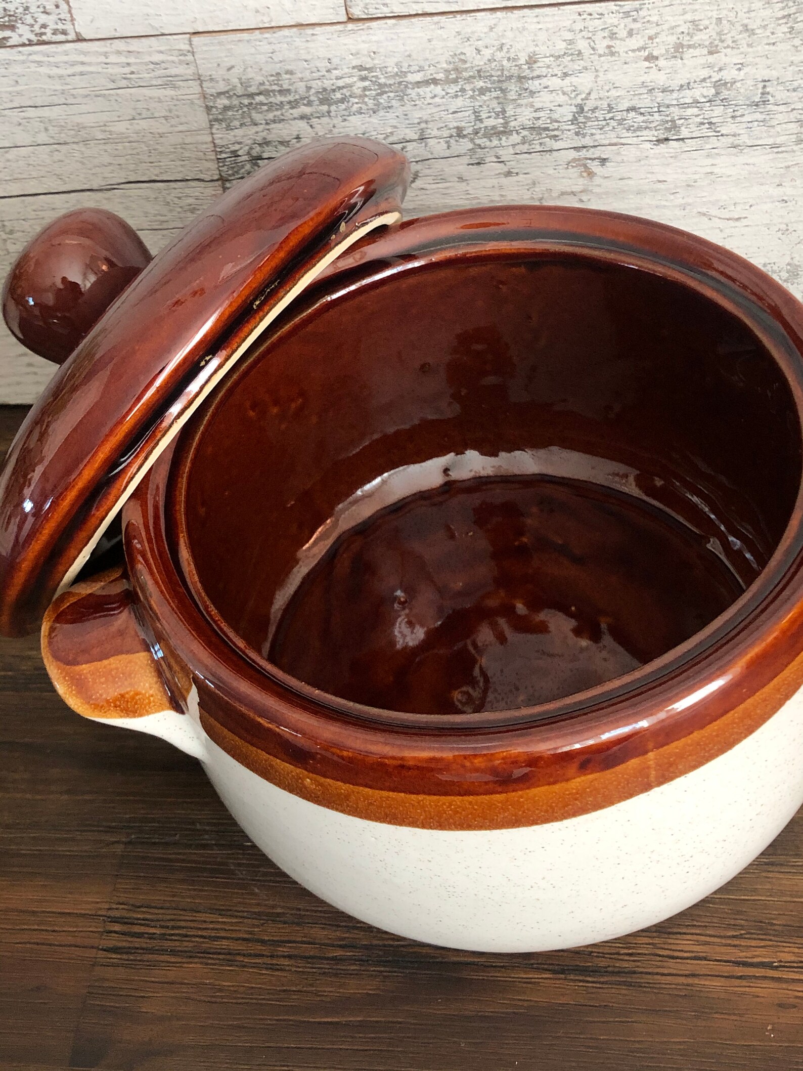 Bean Pot Vintage Stoneware Brown Two Toned Ceramic Glazed - Etsy