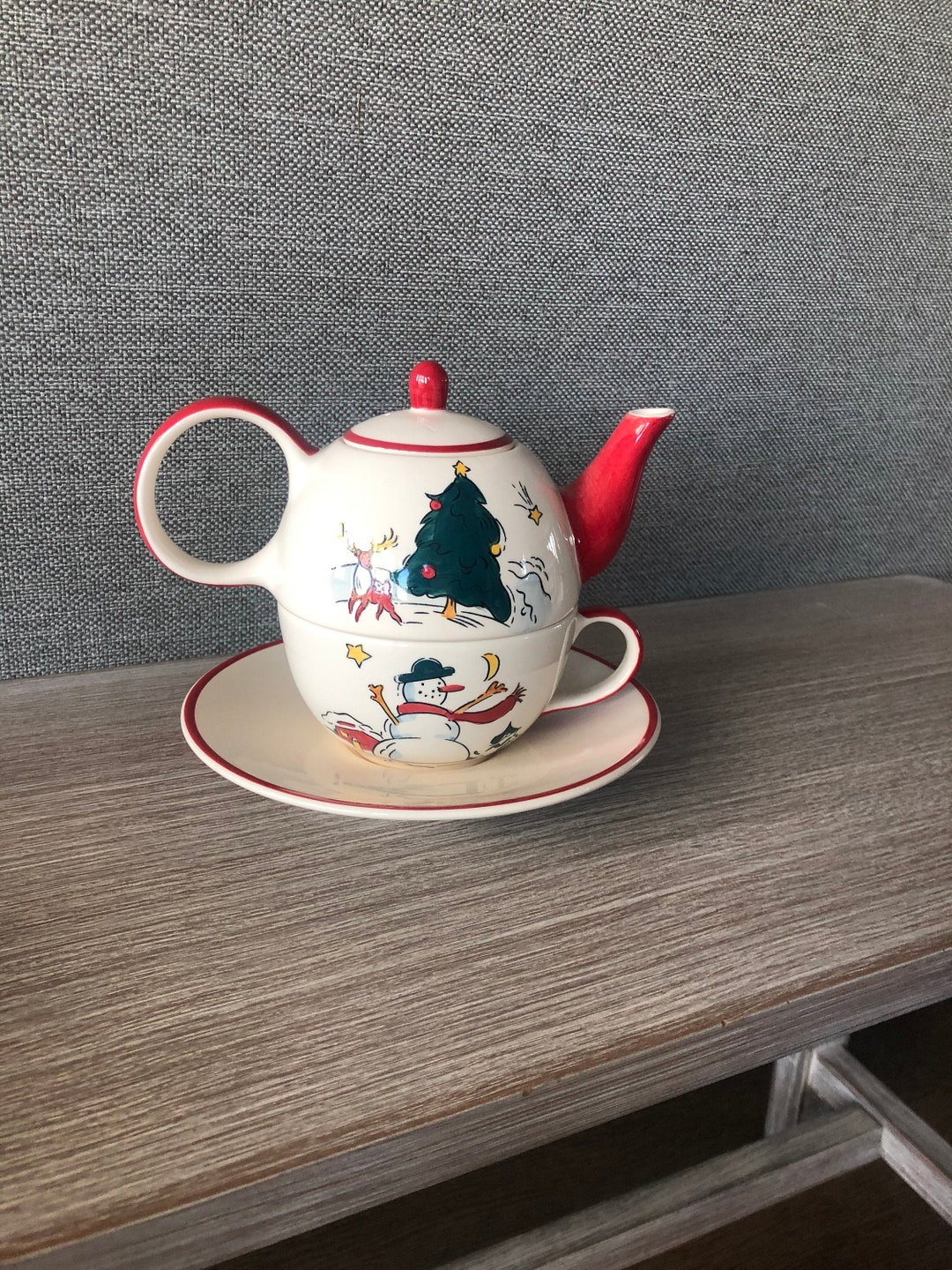 Christmas Teapot Cup Saucer Set 4 Piece Christmas Tea Set Teapot Lid ...