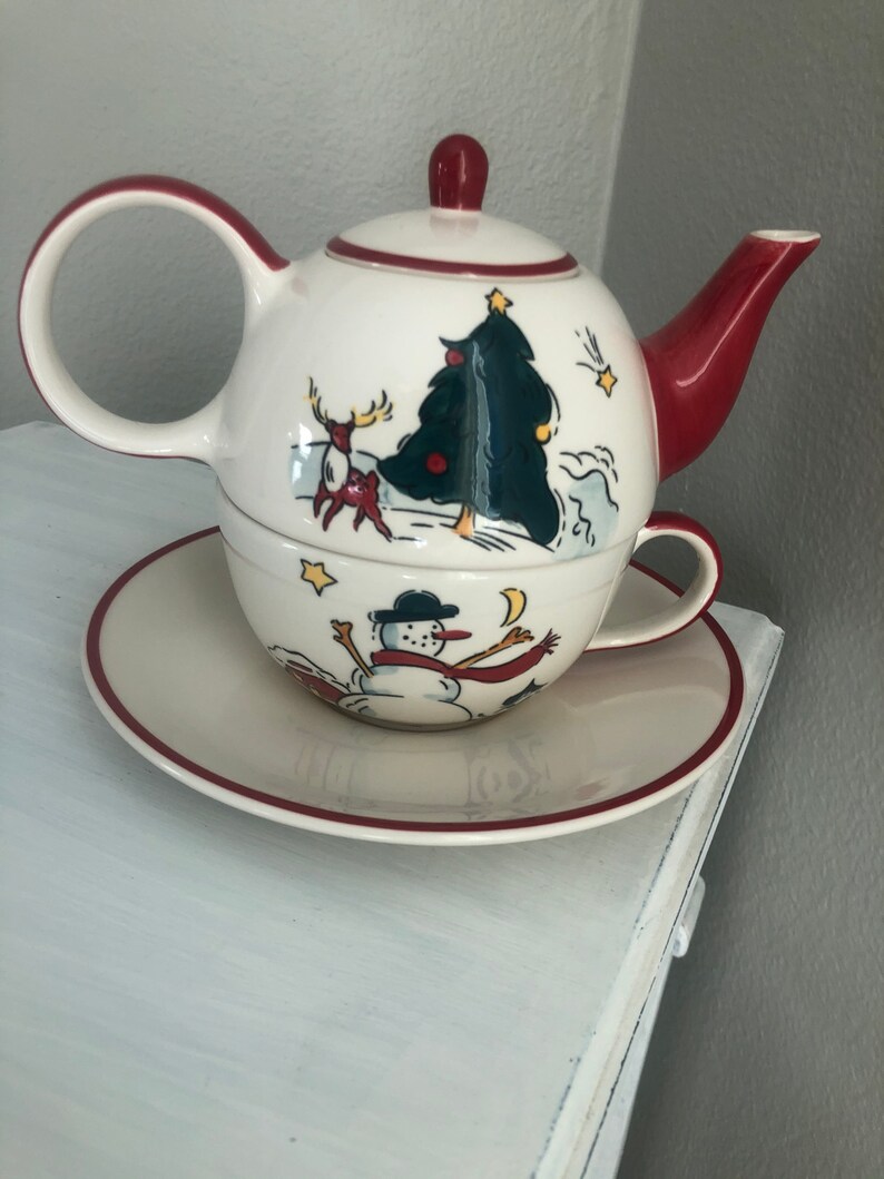 Christmas Teapot Cup Saucer Set 4 Piece Christmas Tea Set - Etsy
