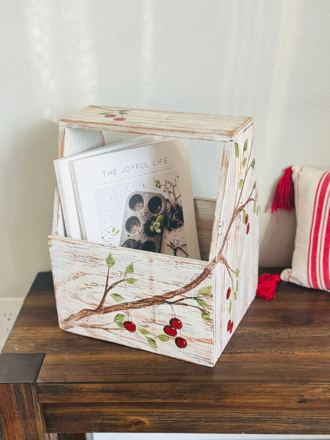 Vintage Wooden Utility Bucket Shabby White Cherries Painted - Storage ...