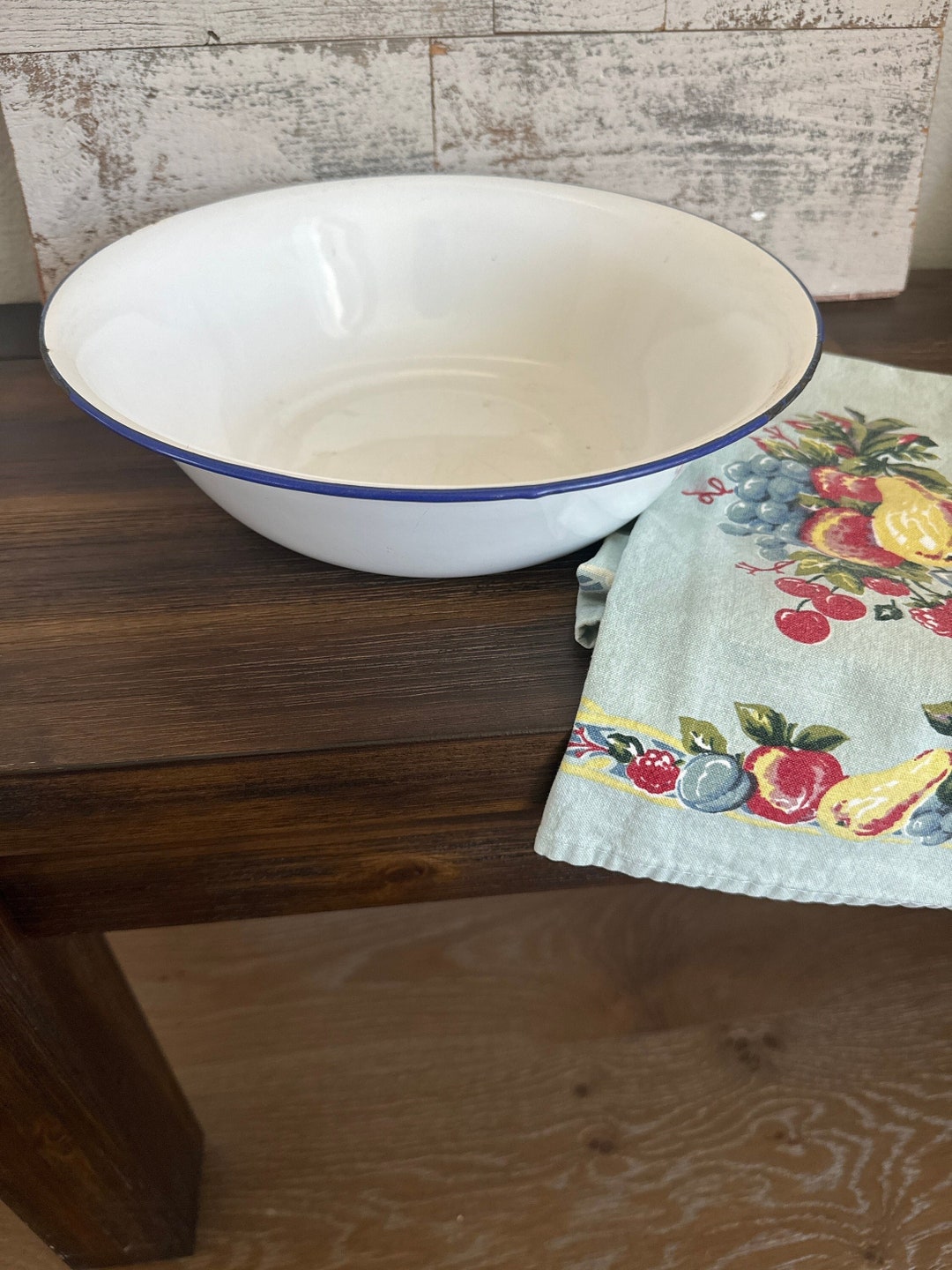 Large White Enamel Bowl W Blue Trim - Vintage Chippy Rustic Enamel ...