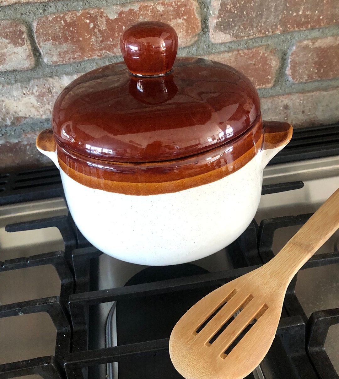 Bean Pot Vintage Stoneware Brown Two Toned Ceramic Glazed 7x7 Bean ...