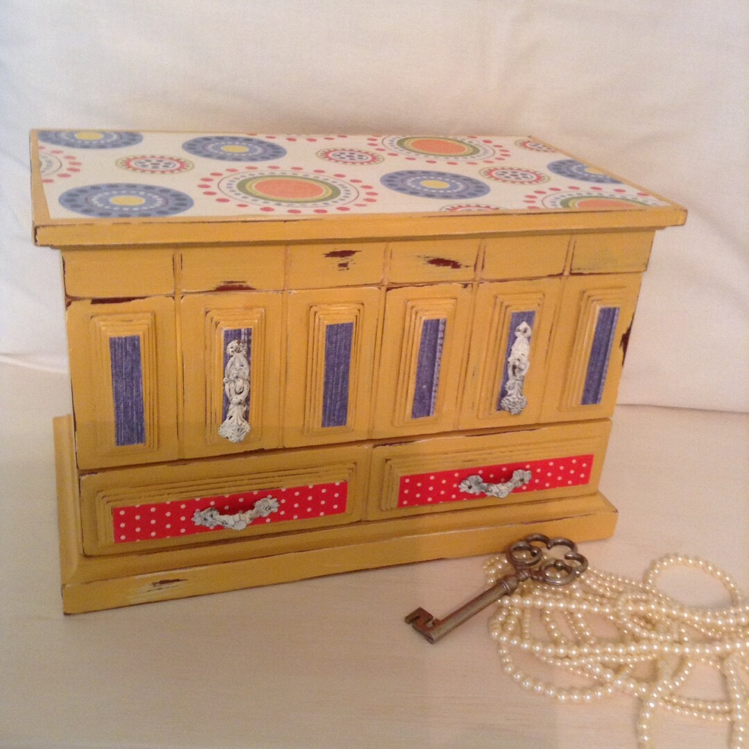 Musical Boho Jewelry Box Armoire Shabby Yellow Red W Red - Etsy