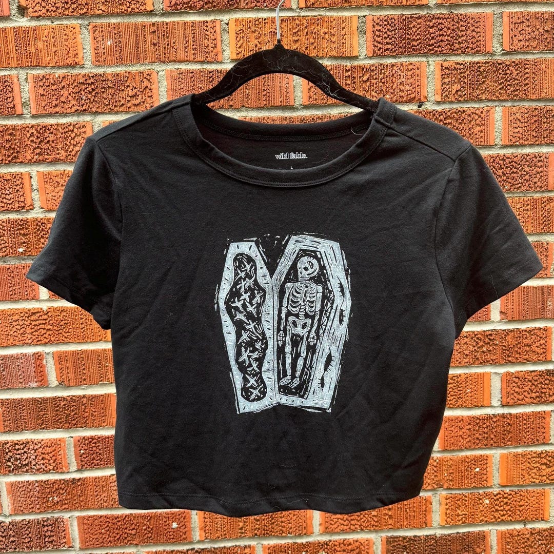 Skeleton Crop Top Goth Baby Tee Coffin Printed Black Shirt Halloween ...