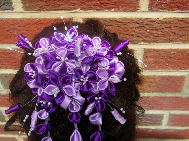 Purple and Lavender Kanzashi Flower Hair Combs with Hanging | Etsy
