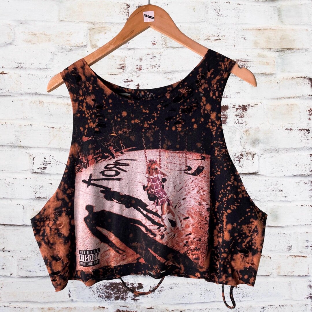 Korn Bleached & Distressed Band T-shirt Shredded Cropped Tee Nu Metal ...