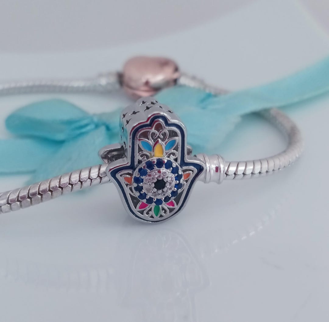 Hamsa Hand Charm: Colorful Crystal Evil Eye Protection, Sterling Silver ...