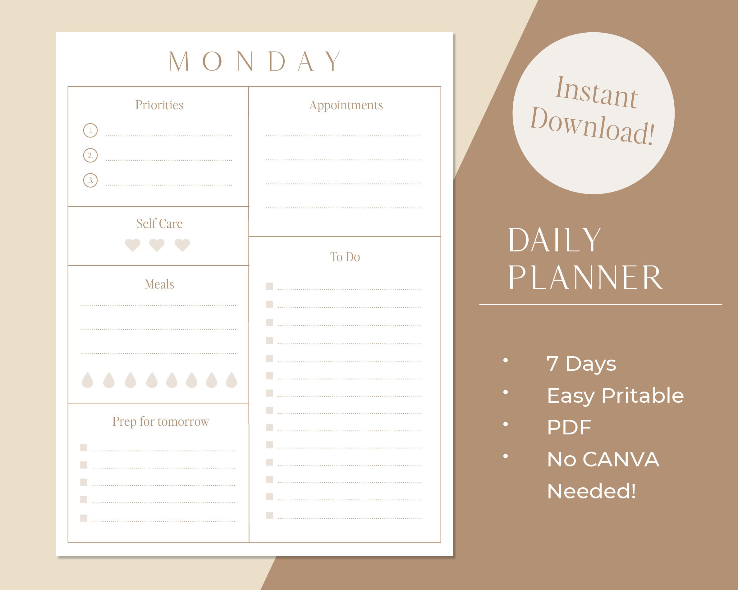 Printable Minimal Neutral Easy Daily Planner to Do List NO CANVA NEEDED ...