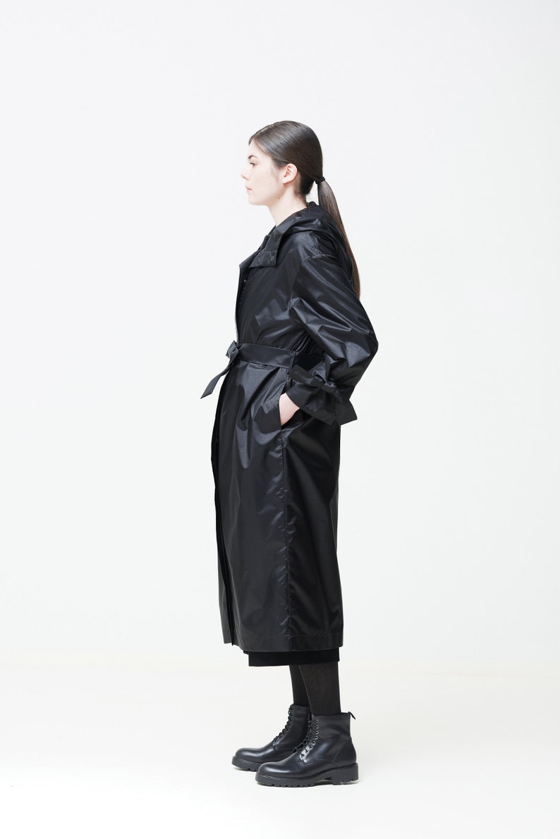 Hooded Raincoat With Belt and Side Seam Pockets, Oversized Black ...