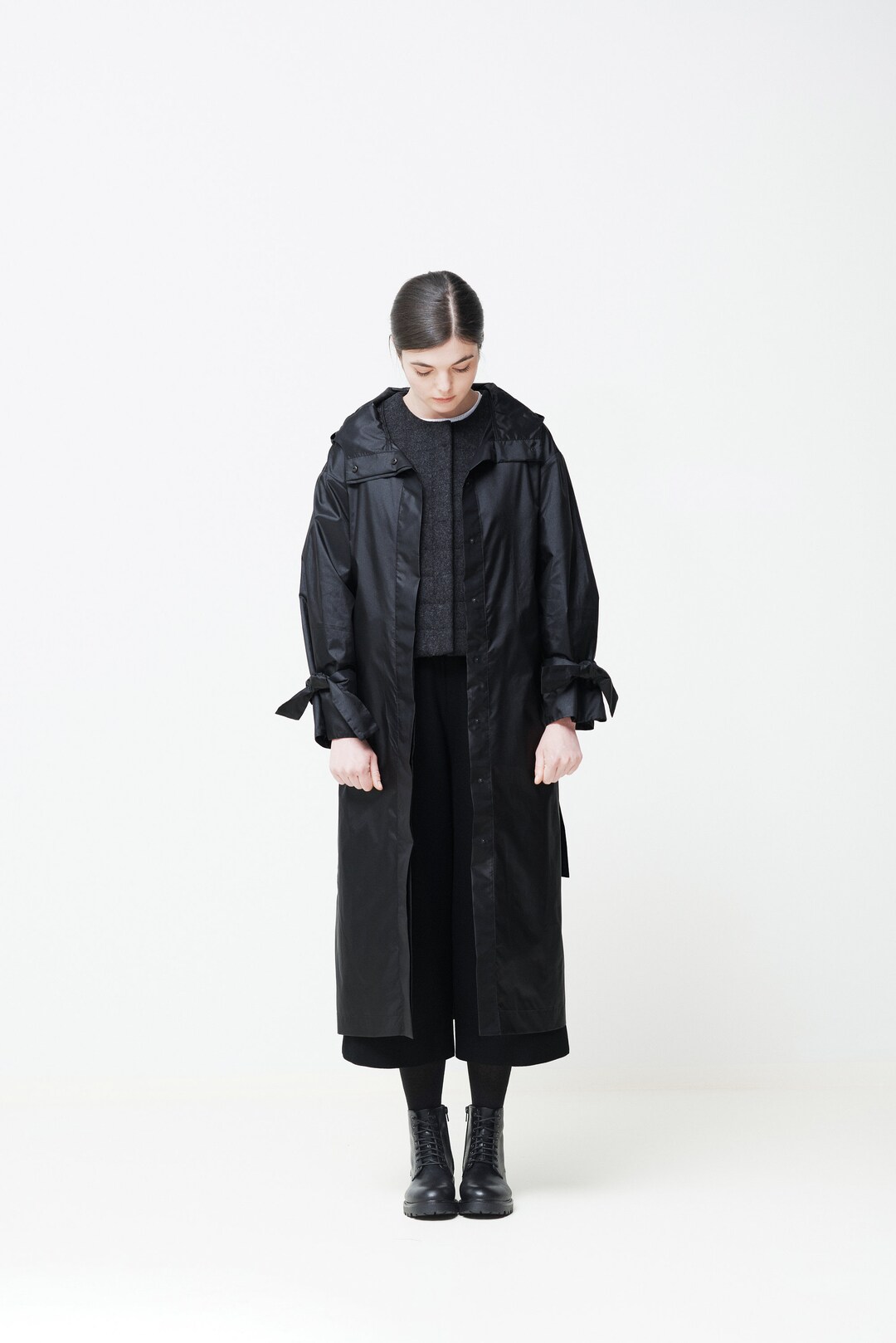 Hooded Raincoat With Belt and Side Seam Pockets, Oversized Black ...