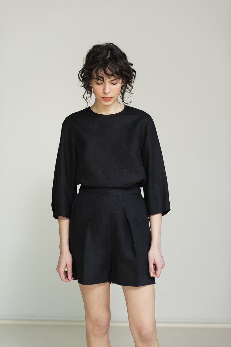 Loose Washed Linen Blouse, Minimalist Linen Shirt With Pleated Sleeves ...