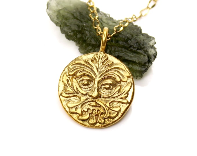 Green Man Pendant 14K Gold With Tsavorite Eyes Greenman Necklace Leaf ...