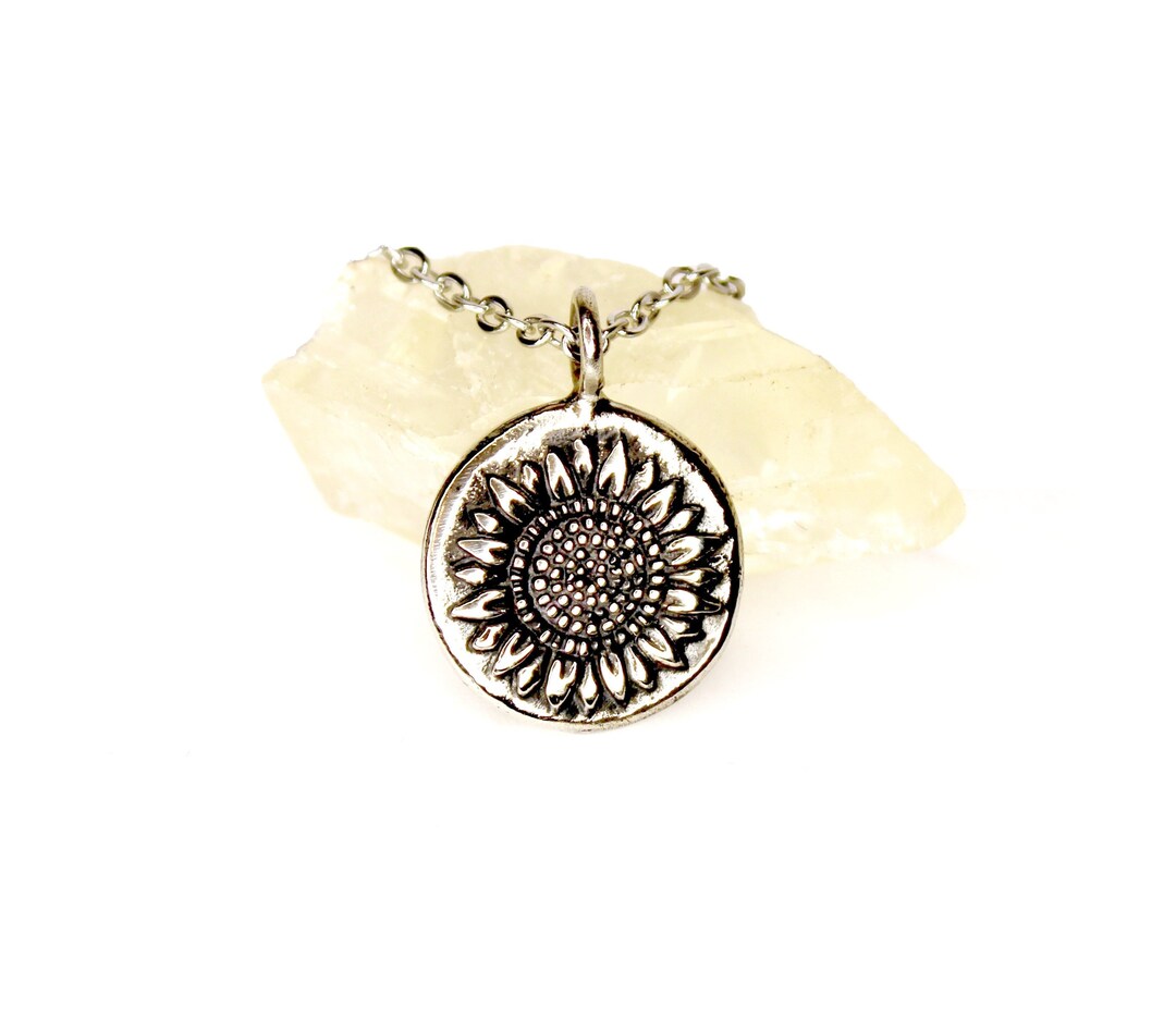 Sunflower Necklace - Botanical Plant Coin - Silver Pendant Necklace ...