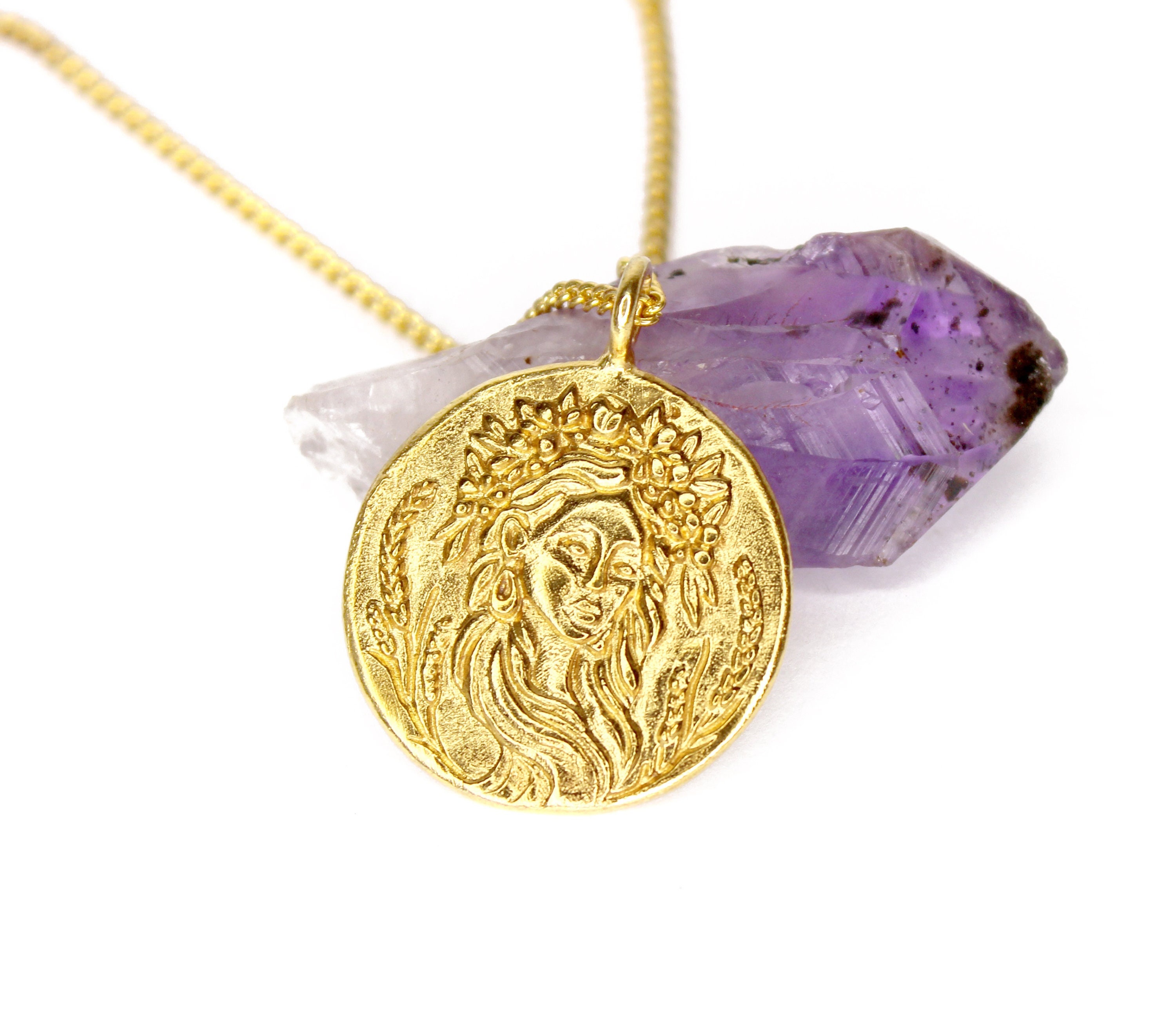 Pomegranate - Persephone Goddess - Large Gold Medallion Necklace ...
