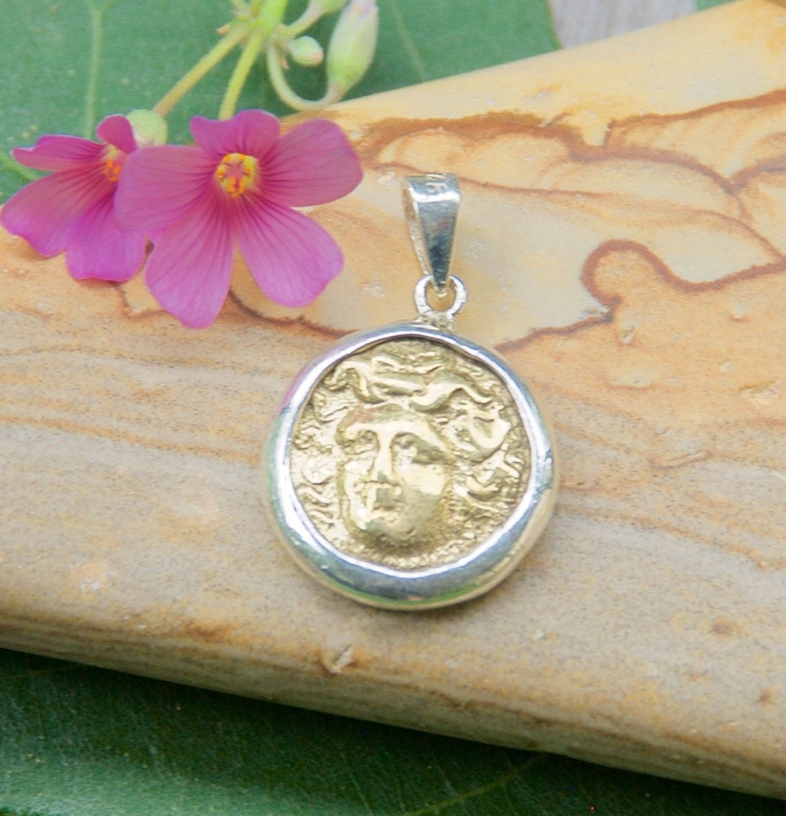 Medusa Gold Coin Pendant Sterling Silver Small Gold Coin - Etsy