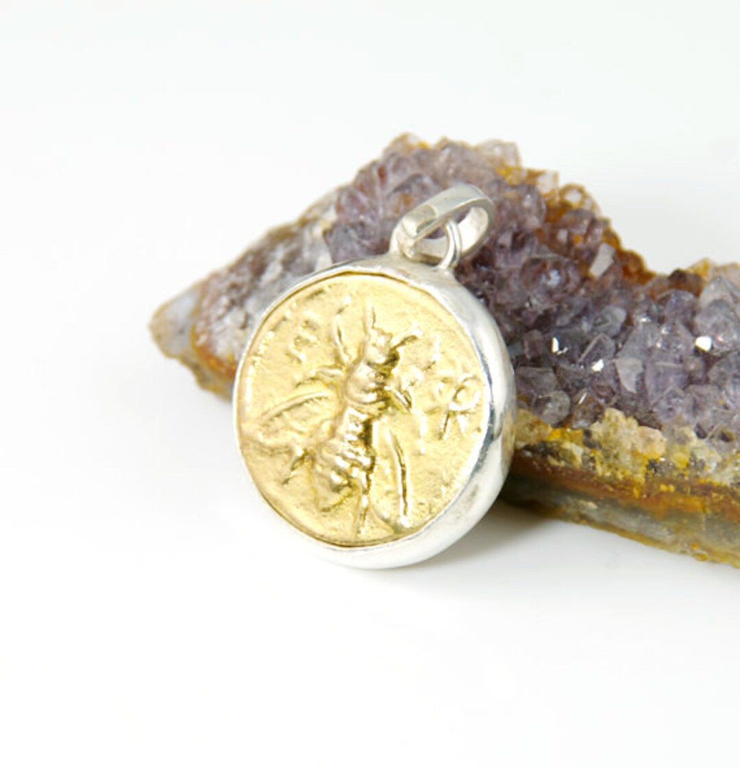 GOLD Honeybee Ancient Coin Pendant 18K Sterling Silver Ephesus Gold Bee ...