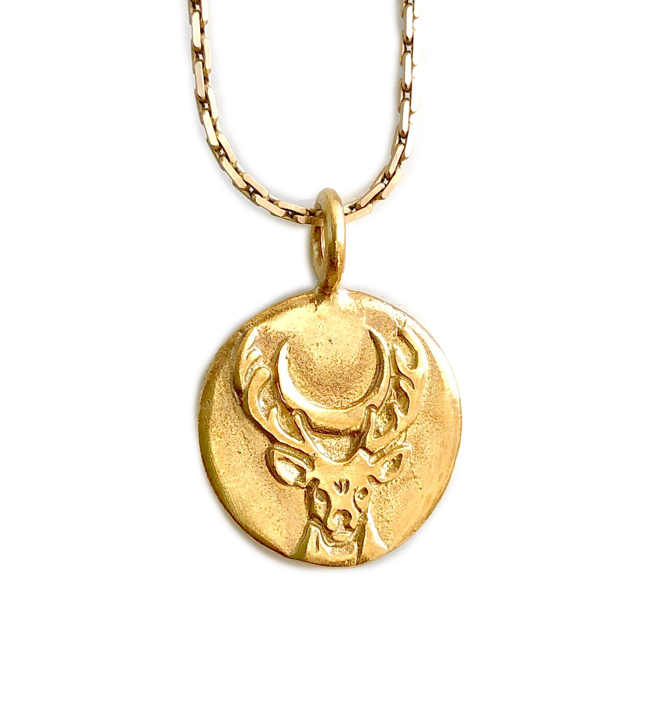 Artemis Deer Pendant Necklace - DOUBLE SIDED - Small Gold Deer - Moon ...
