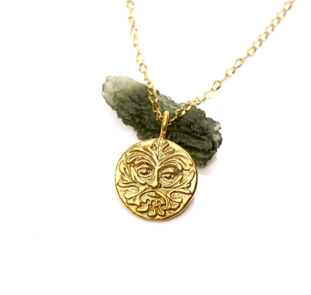 Green Man Gold Coin Pendant - DOUBLE SIDED - Triple Spiral Pagan Symbol ...