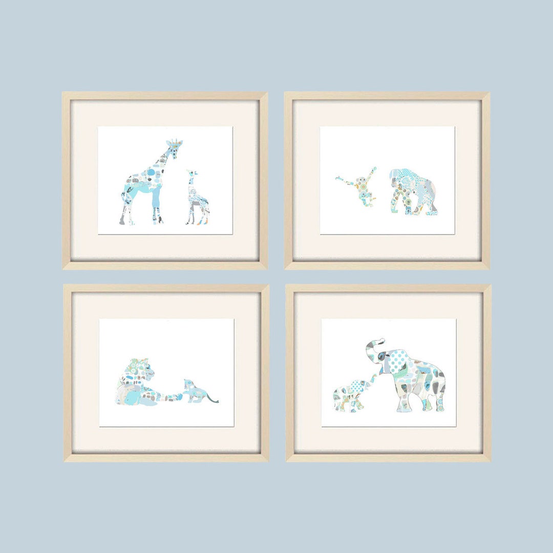 Baby Blue Nursery, Set of Four Safari Animal Prints for Baby Boys Room ...