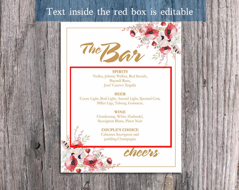 Bar Sign Bar Menu Sign Printable Bar Sign Template Wedding Bar - Etsy