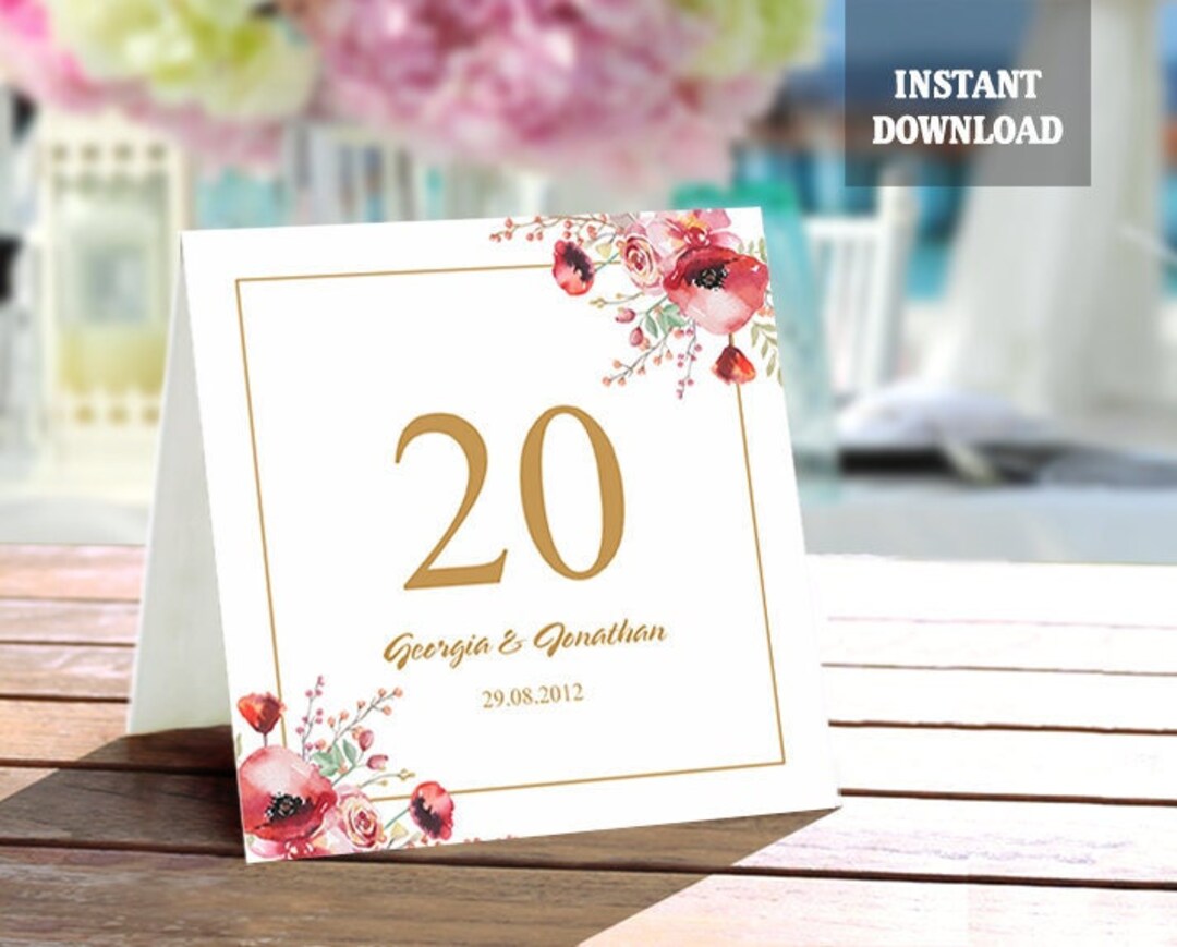 Printable Table Numbers Wedding Table Card Template DIY Watercolor ...