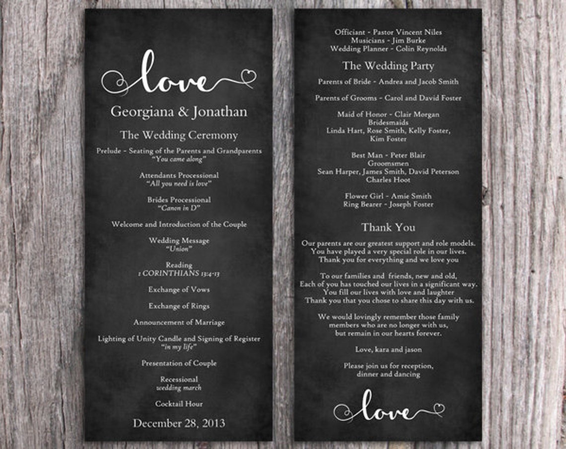 Chalkboard Wedding Program Template DIY Editable Word File | Etsy