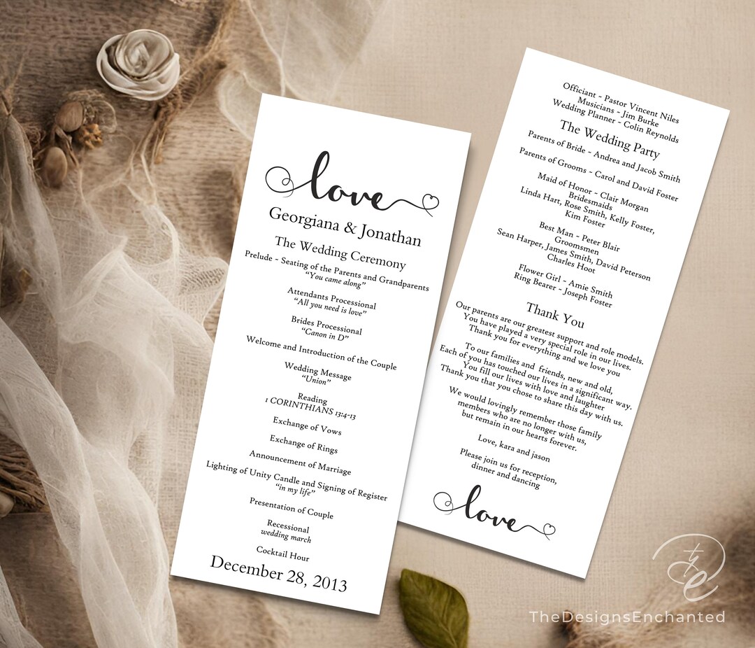 Wedding Program Template, Printable Wedding Program, White Heart Script ...