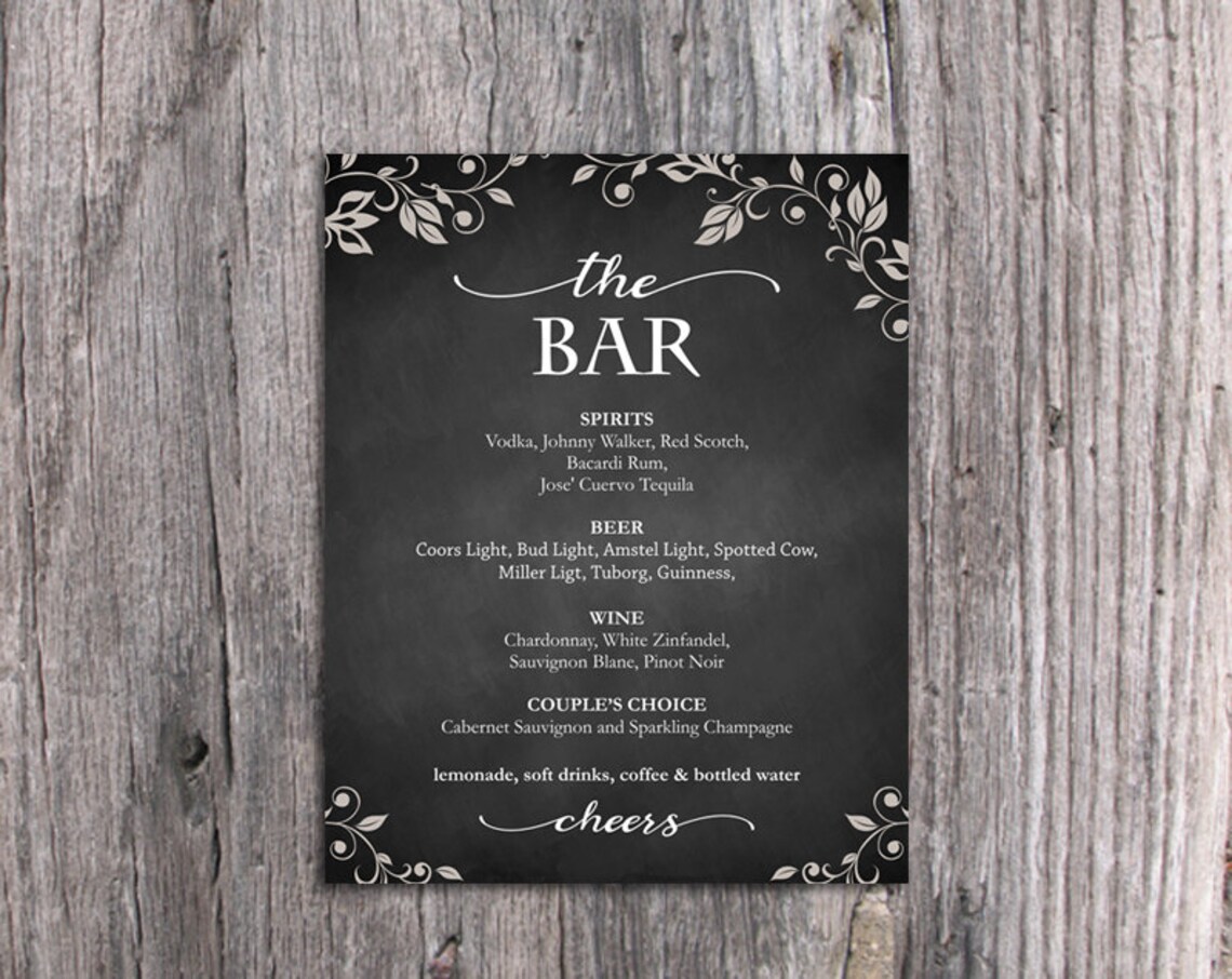 Bar Sign Bar Menu Sign Printable Bar Sign Wedding Bar Sign - Etsy