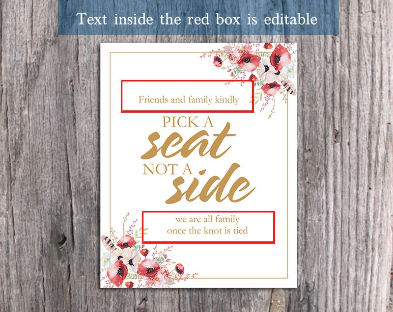 Printable Pick a Seat Not a Side Sign Template Wedding Day | Etsy