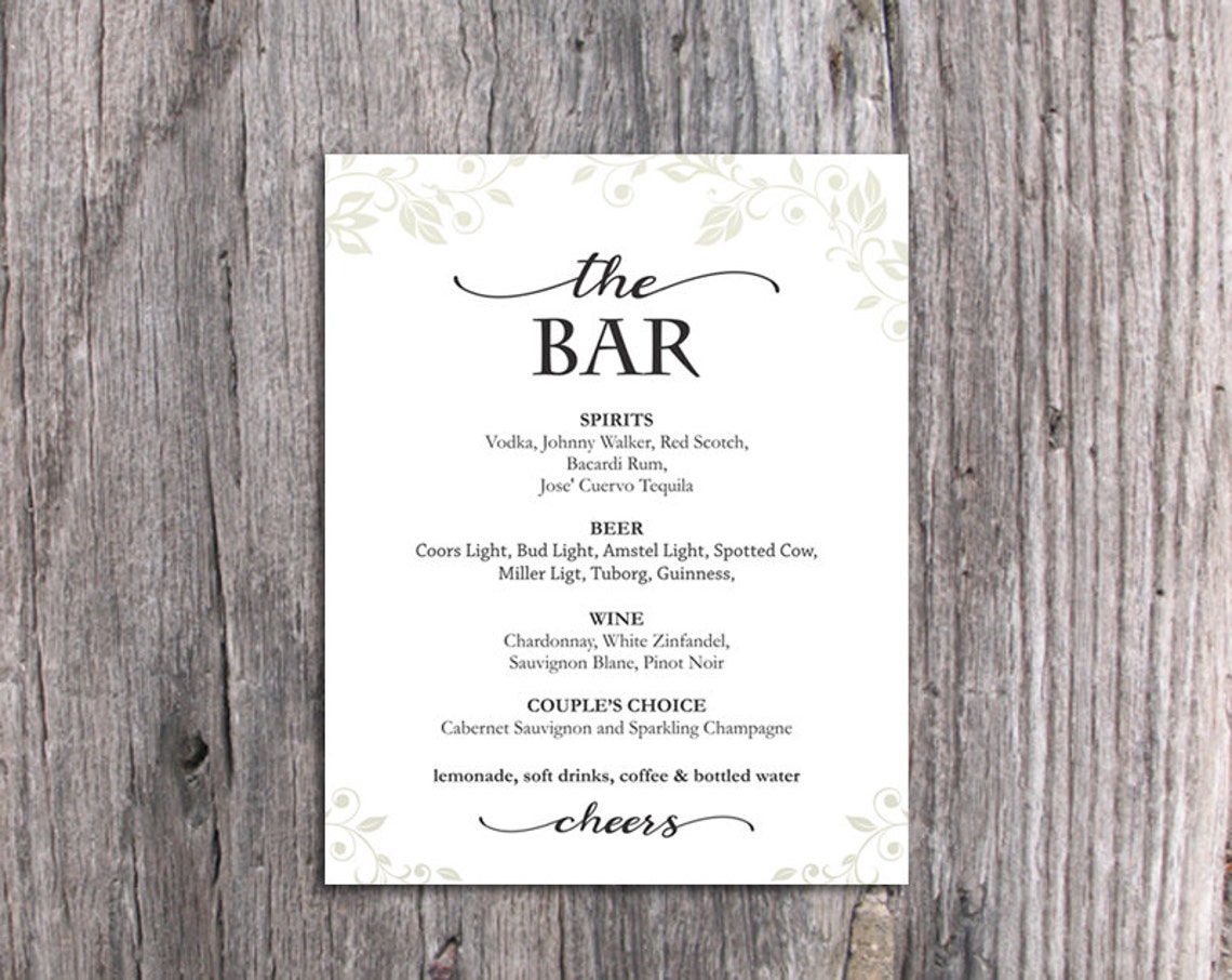 Bar Sign Bar Menu Sign Printable Bar Sign Wedding Bar Sign | Etsy
